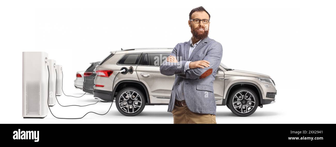 Electric car owner posing at a charging point isolated on white ...