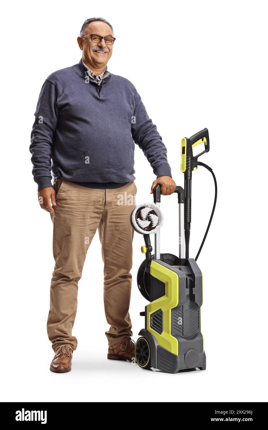 Mature man with a high pressure washer machine isolated on white ...