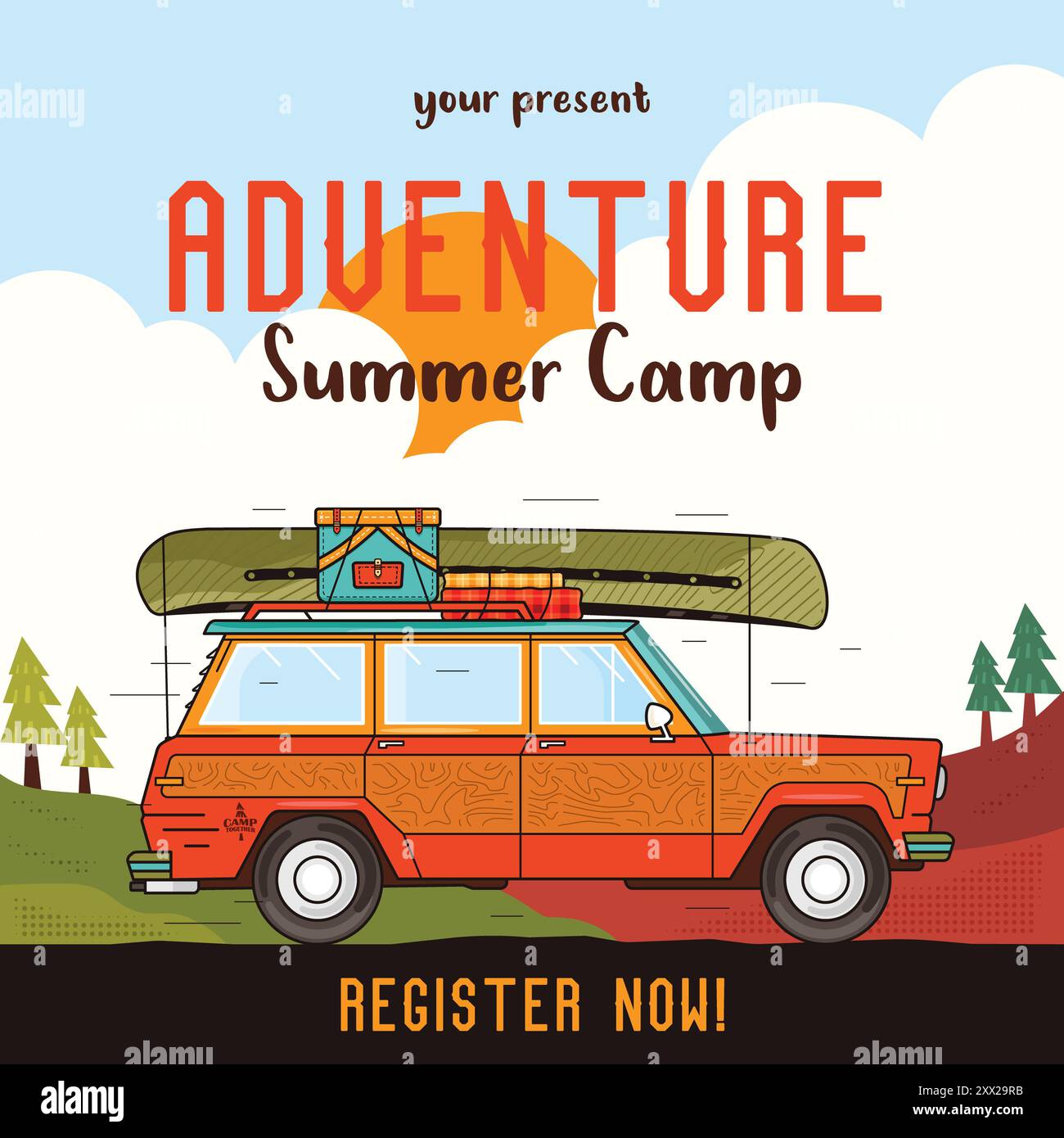 Adveture Summer Camp Social media post template with vintage camper car ...