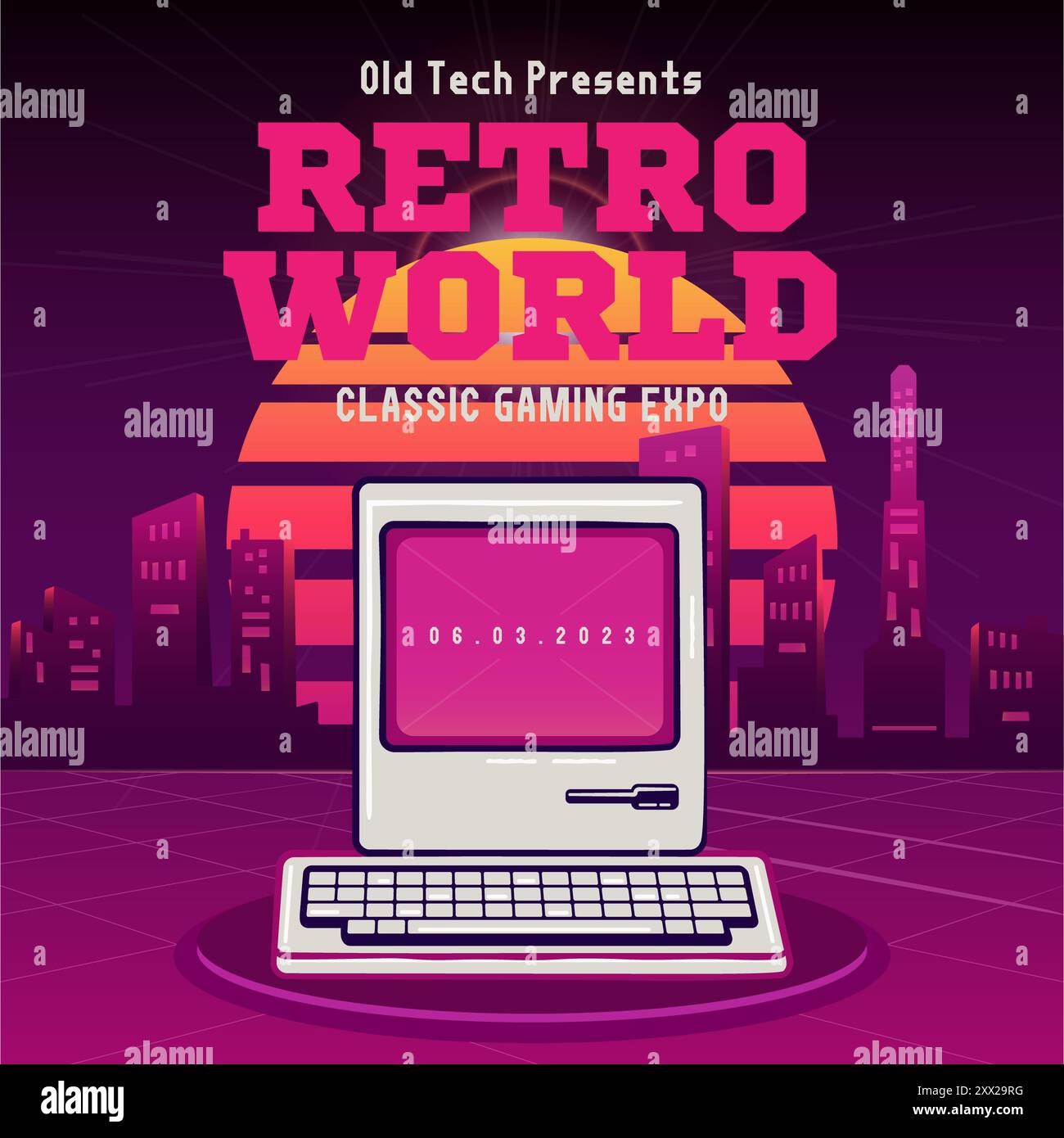 Retro Gaming Social media post template with vintage PC. Classic Games ...