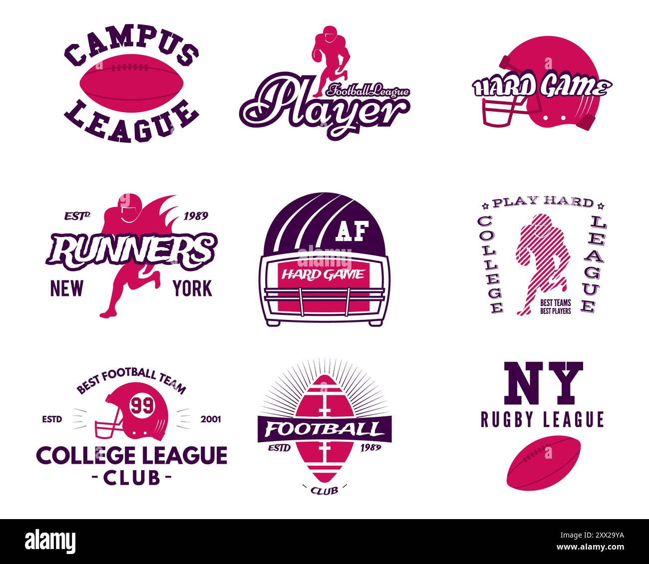 American football logo templates set in red and violet style. Rugby ...