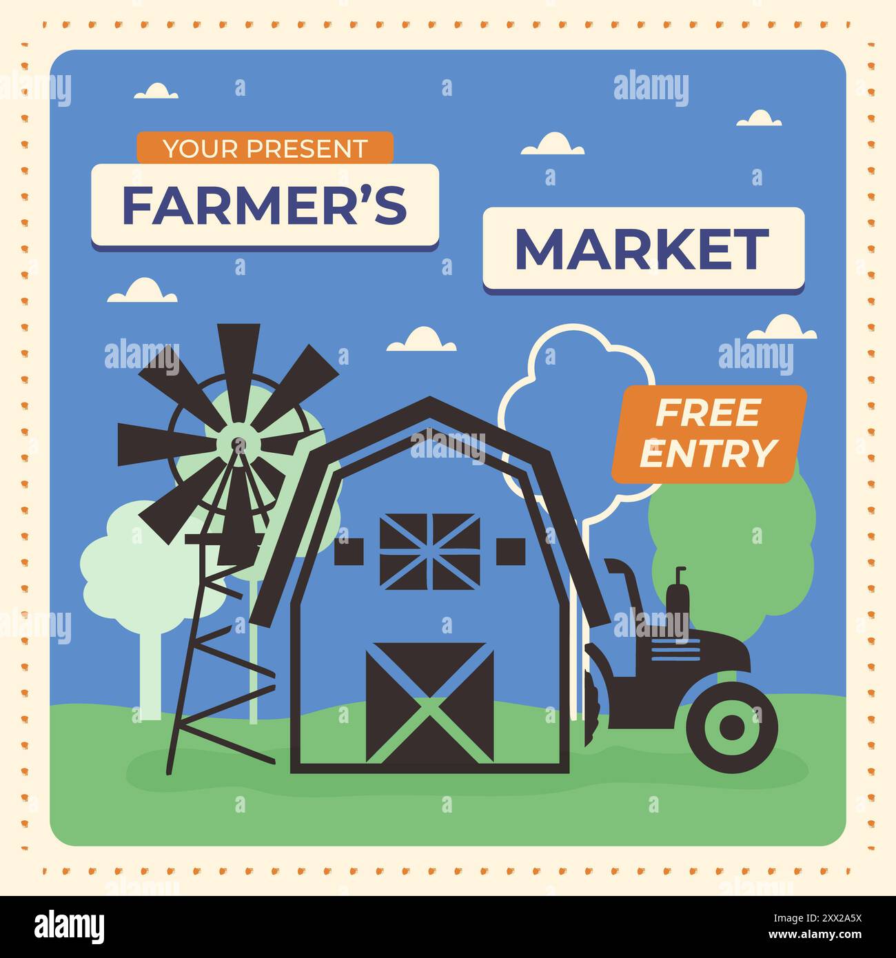 Farmers Market Flyer Poster Template with barn tractor and windmill for ...