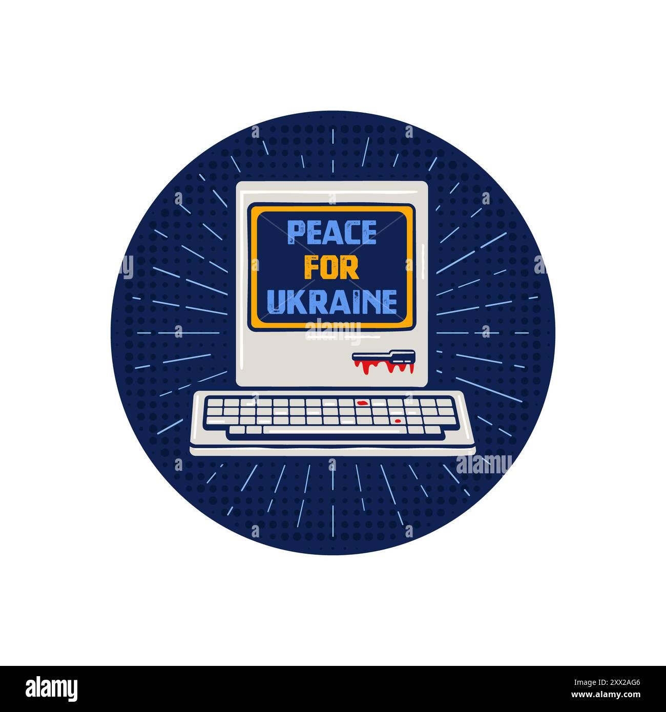 Peace for Ukraine badge design with retro PC and sunbursts. Retro ...