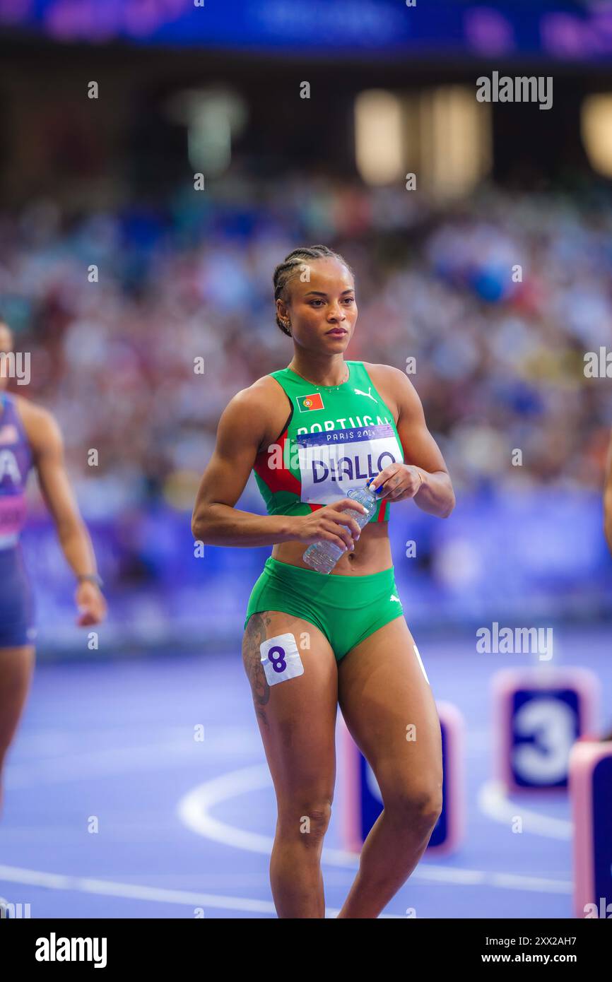 Fatoumata Binta Diallo participating in the 400 meters hurdles at the Paris 2024 Olympic Games ...