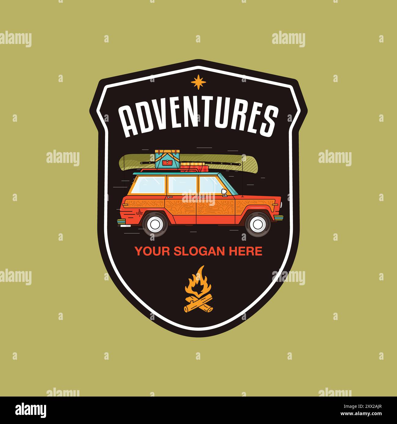 Camping Adventures badge design with camper car, canoe and camp ...
