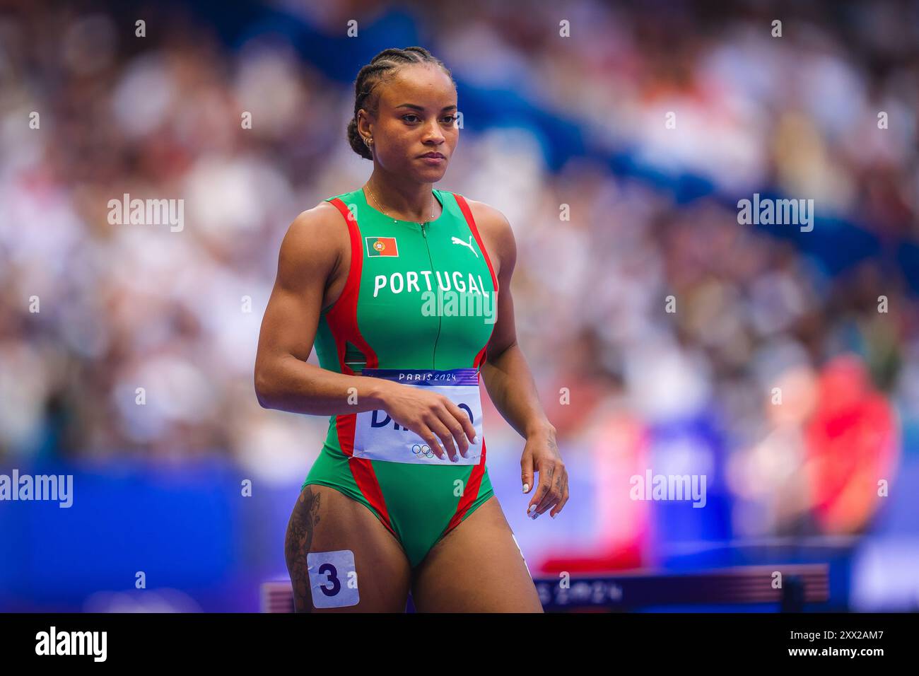 Fatoumata Binta Diallo participating in the 400 meters hurdles at the Paris 2024 Olympic Games ...