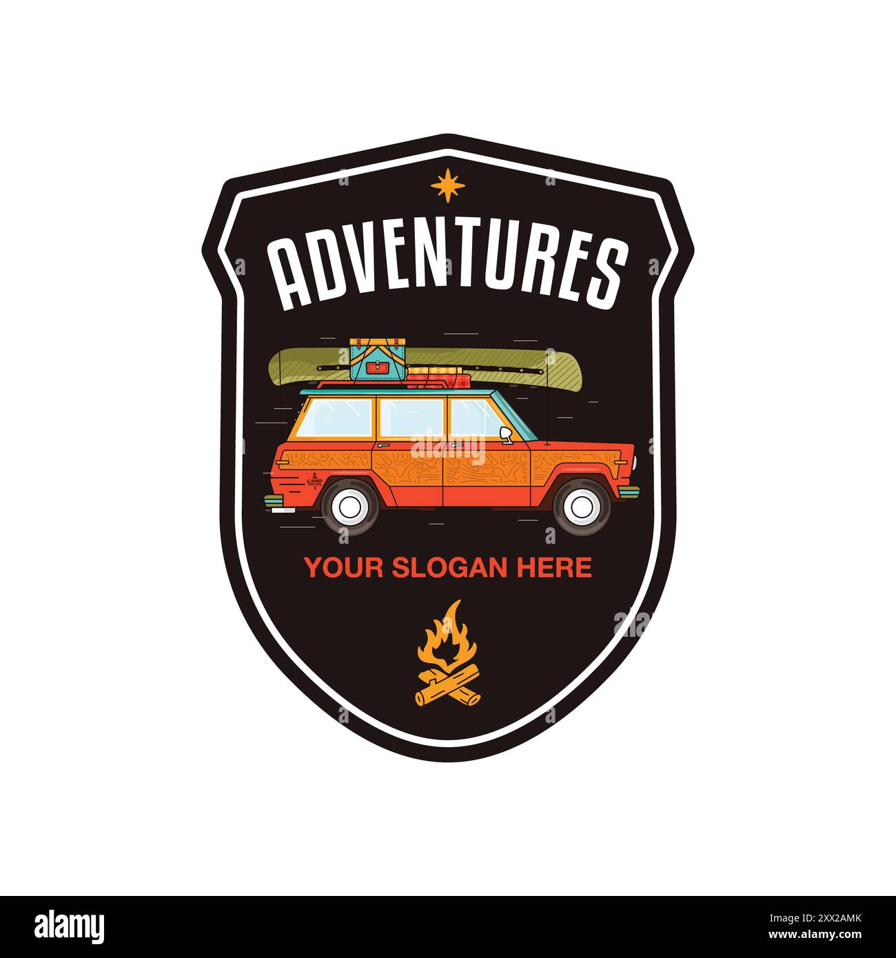 Camping Adventure badge design with camper car, canoe and camp ...