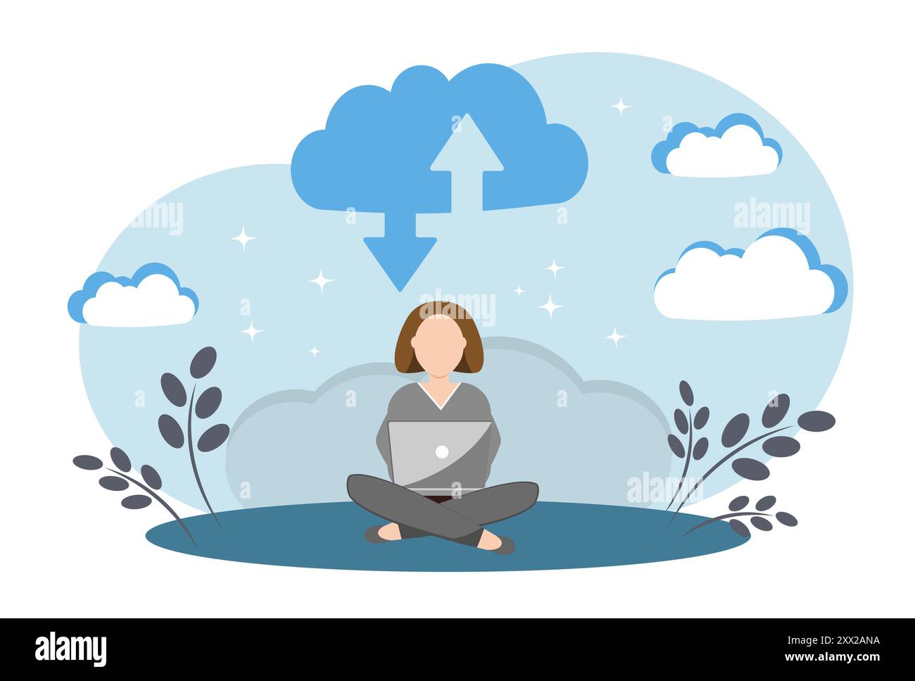 Cloud storage. Woman working with laptop Stock Vector Image & Art - Alamy
