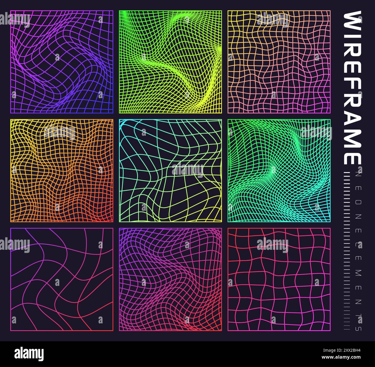 Colorful wireframe shapes, lined perspective mesh, 3d grid. Low poly ...