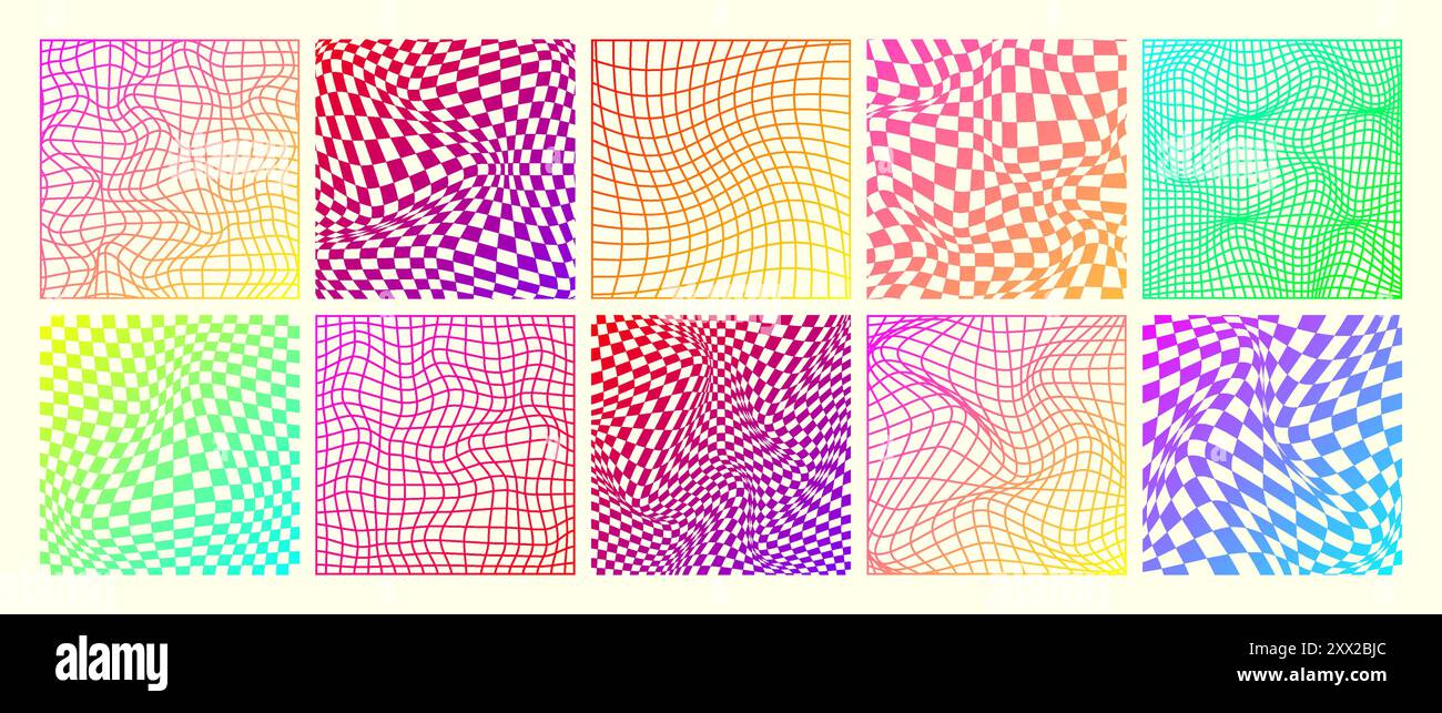 Groovy checkered pattern, neon distorted tiled grid. Vintage wavy ...