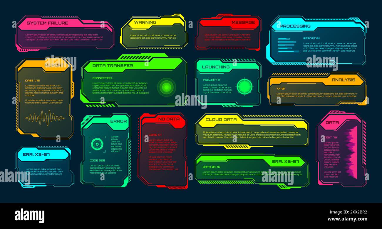 Futuristic HUD or UI elements. Sci-fi user interface text boxes, callouts. Colorful warning ...