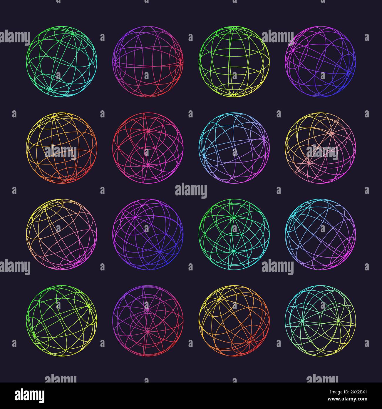 Neon wireframe shapes, lined sphere. Perspective mesh, 3d grid. Low ...