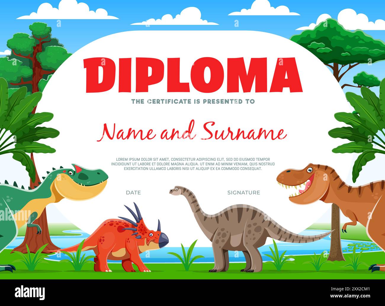 Kids diploma with prehistoric dinosaurs or funny dino characters ...