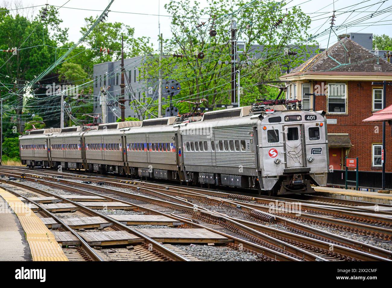 SEPTA Silverliner IV with the PC logo passing Overbrook train station ...