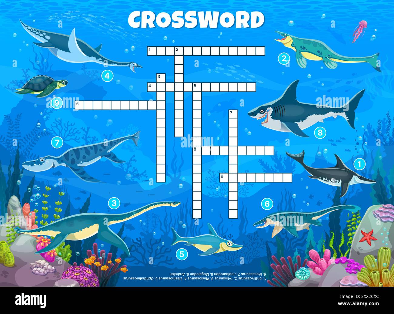 Crossword quiz game grid with underwater prehistoric dinosaurs and ...