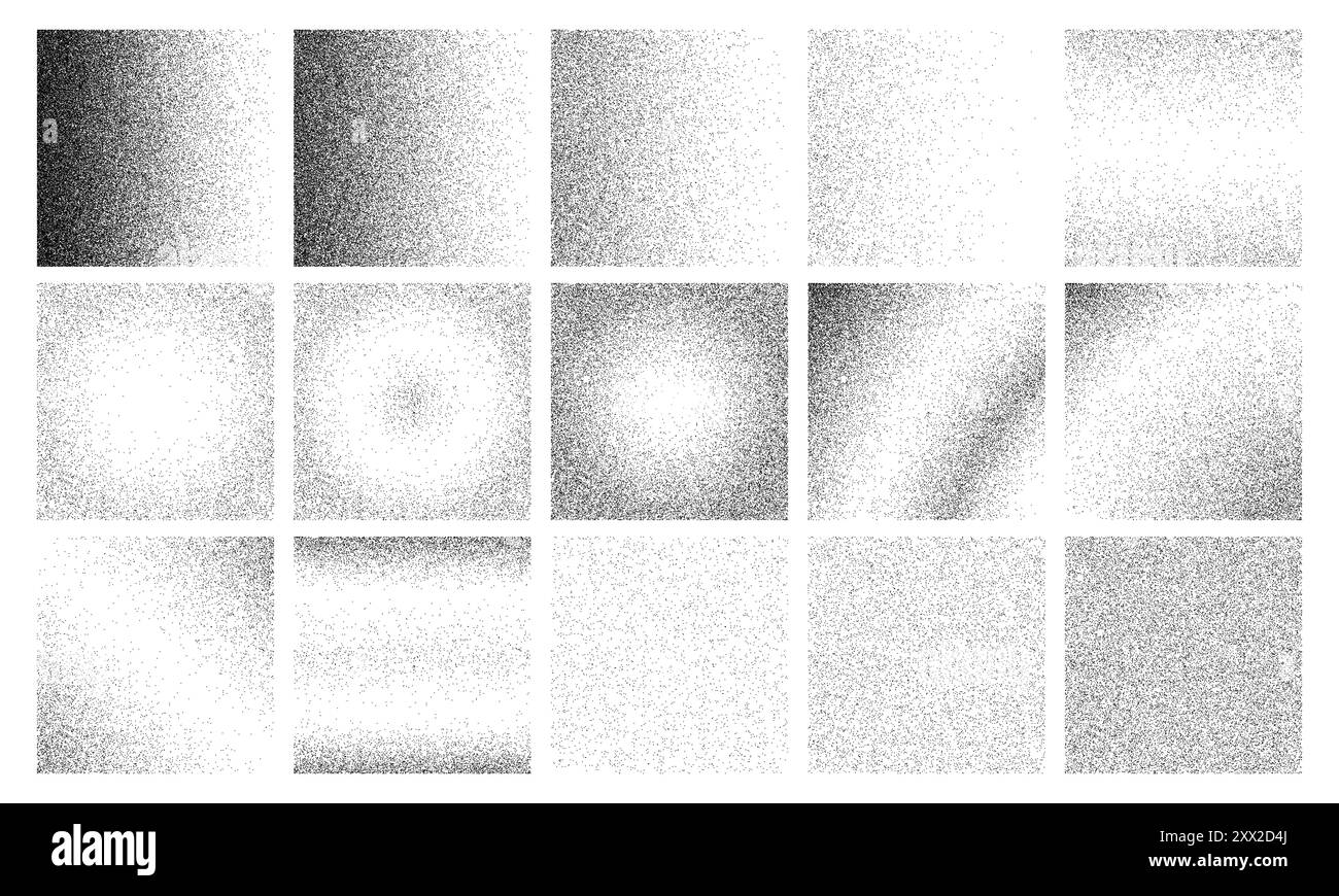 Grain gradient backgrounds with grunge dust in halftone pattern, vector textures. Abstract noise ...