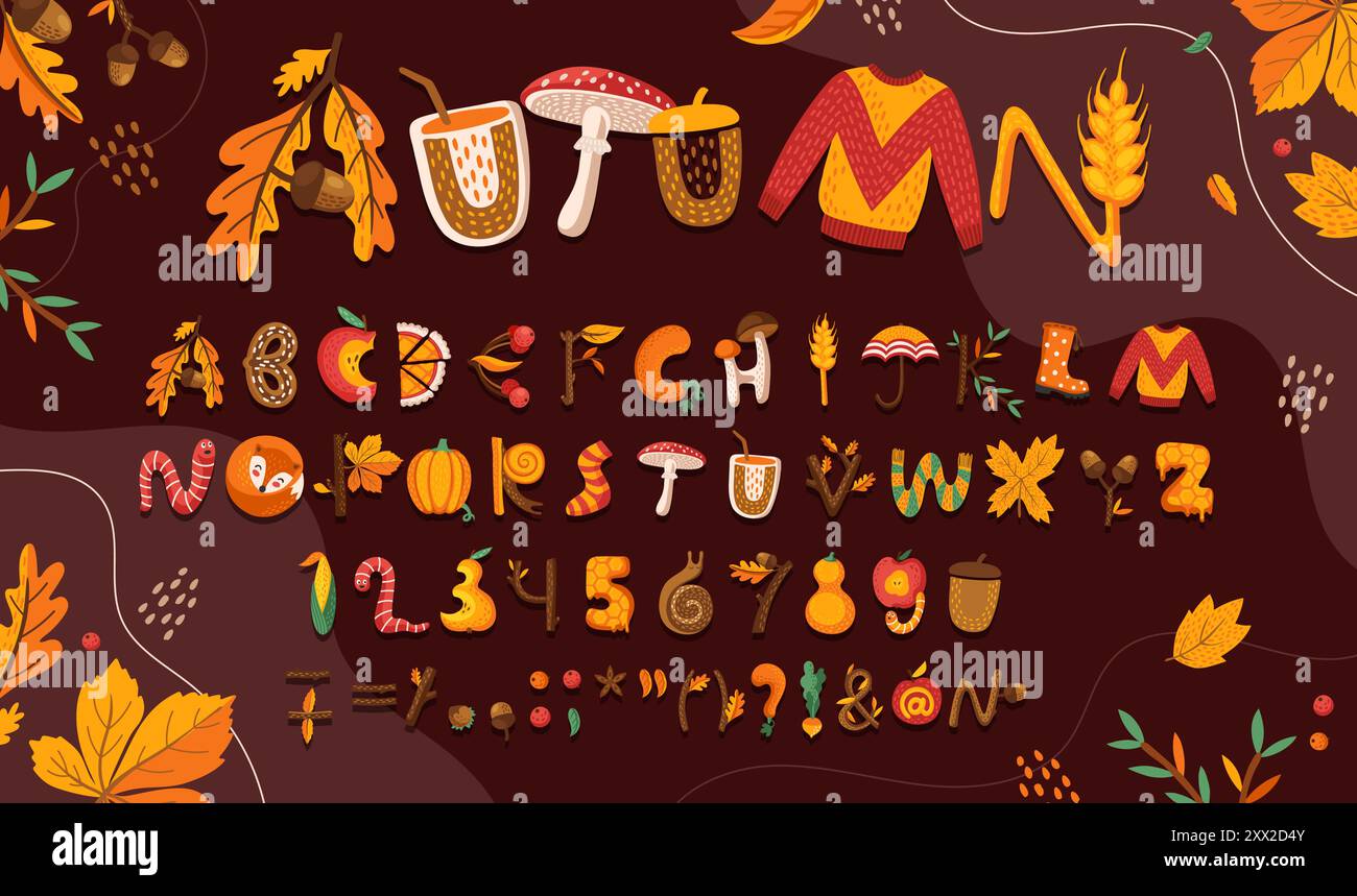 Thanksgiving font of cartoon fall autumn type for kids English alphabet ...