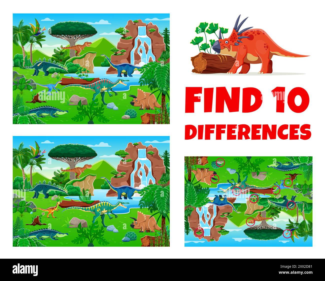 Kids game, find ten differences between prehistoric dinosaurs. Cartoon ...