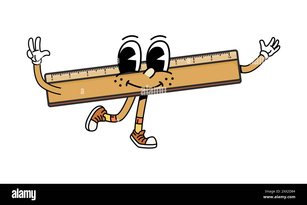 Cartoon groovy school ruler character. Isolated vector cheerful and ...