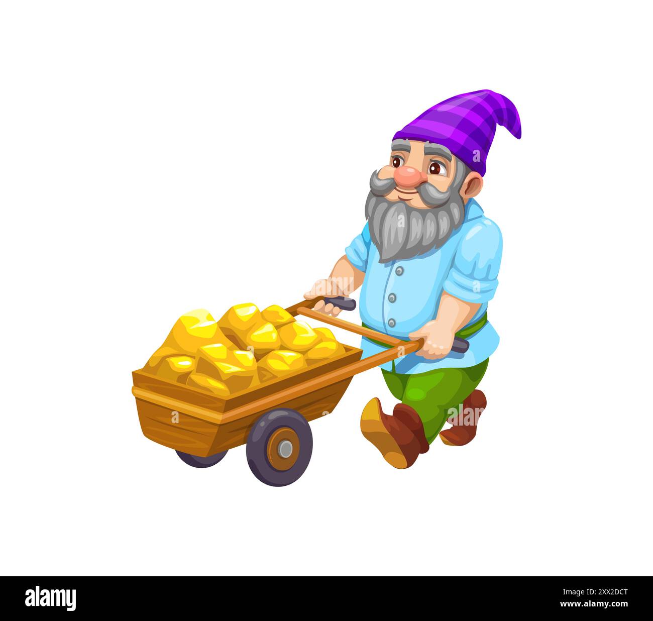 Cartoon gnome dwarf character carrying wheelbarrow with gold ore ...