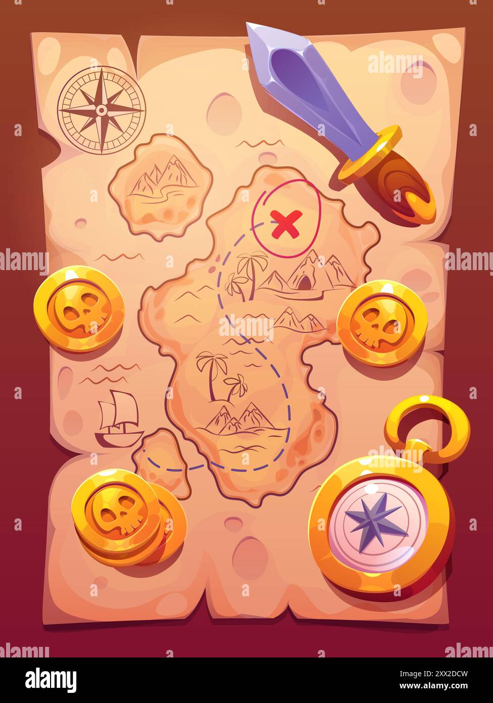 Cartoon pirate treasure map with secret island, marked with an x symbol ...