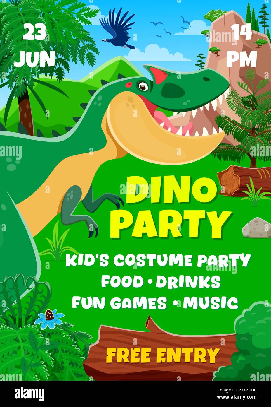 Kids dino party flyer with funny prehistoric dinosaur in jungles ...