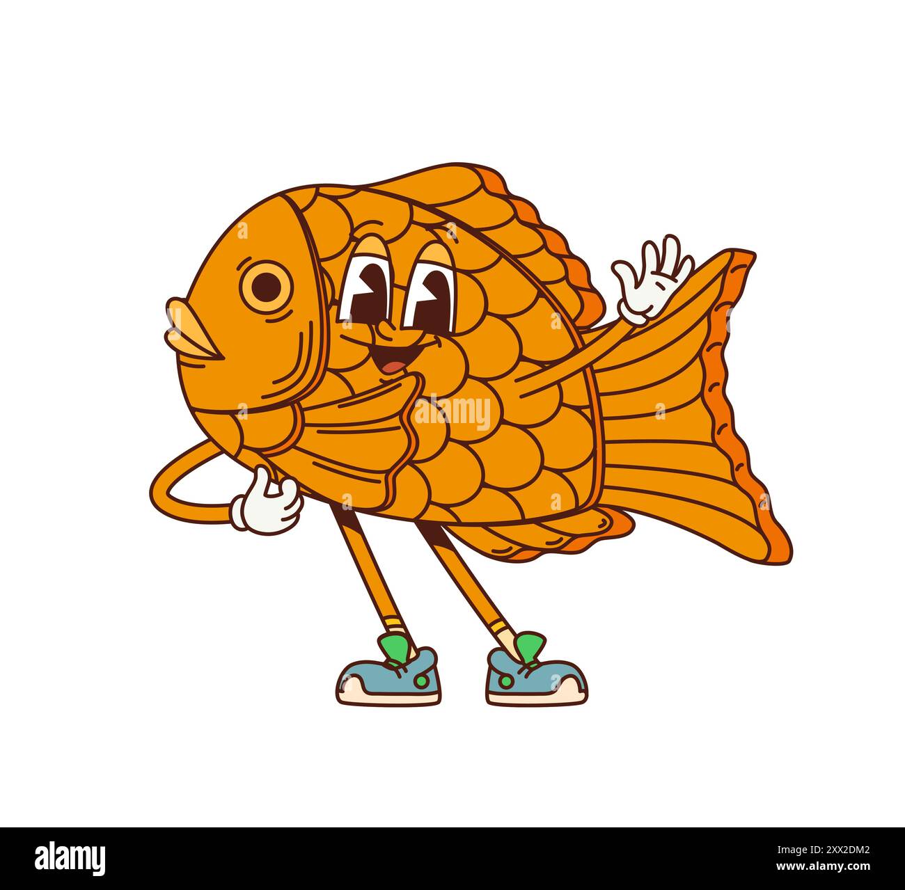 Cartoon retro groovy Japanese taiyaki fish dessert characters, vector ...