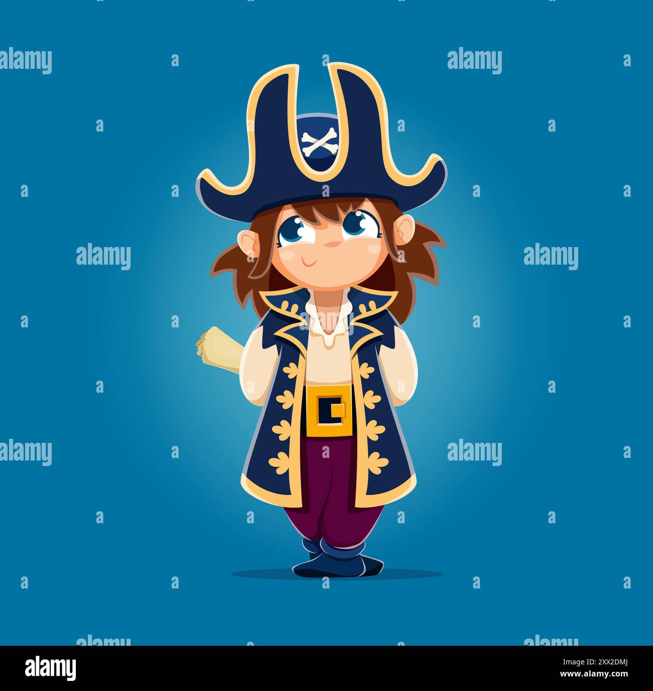 Cartoon kid girl pirate corsair or captain with map and tricorne hat, vector character. Funny ...