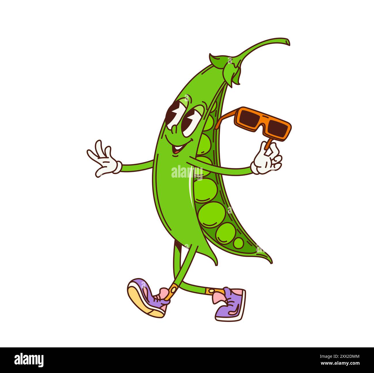 Groovy green pea vegetable retro character. Isolated cartoon vector ...
