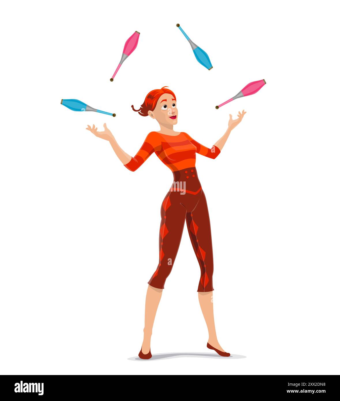Circus woman juggler character juggling clubs on funfair carnival ...