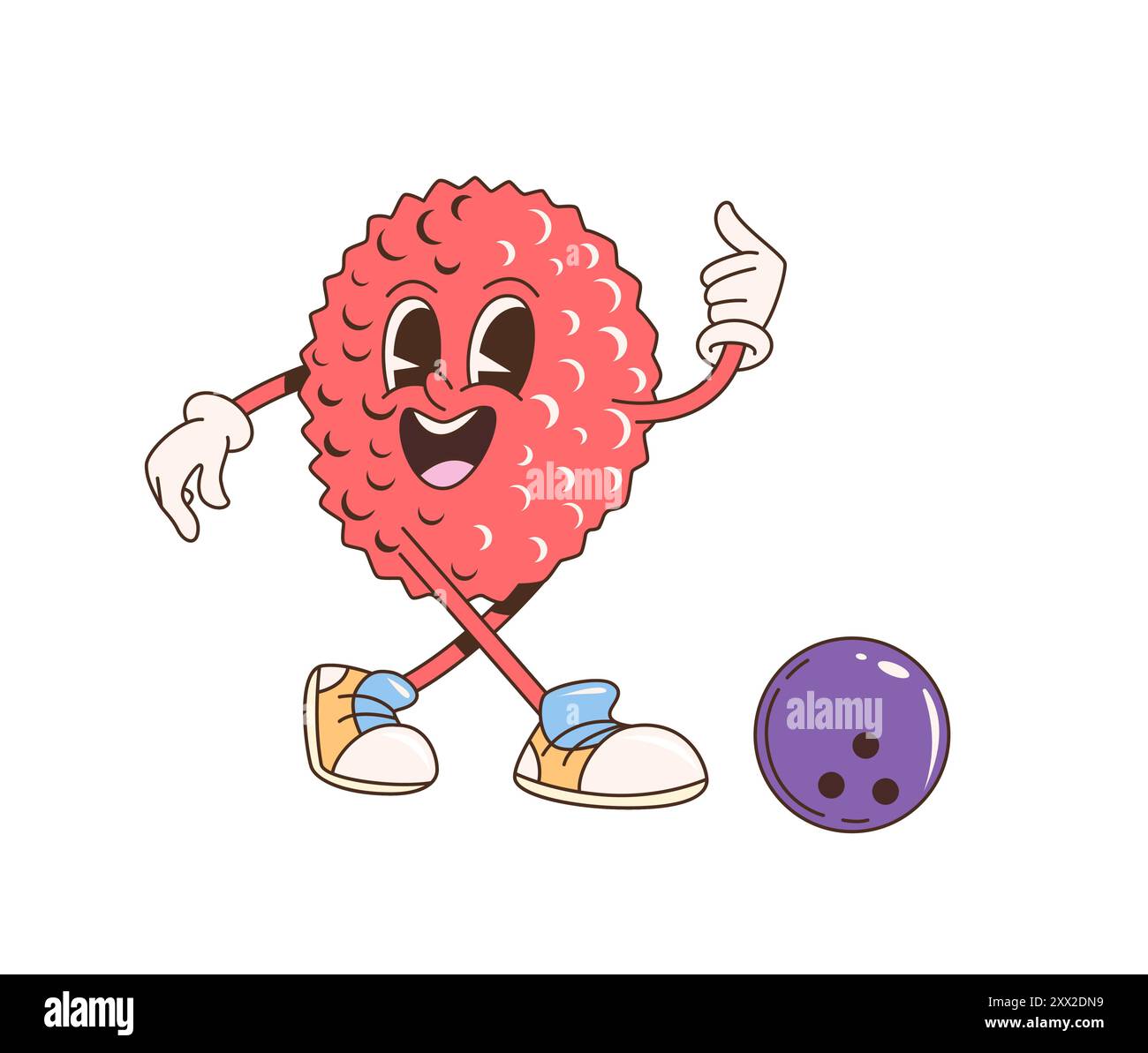 Retro cartoon groovy lychee fruit character playing bowling. Isolated ...