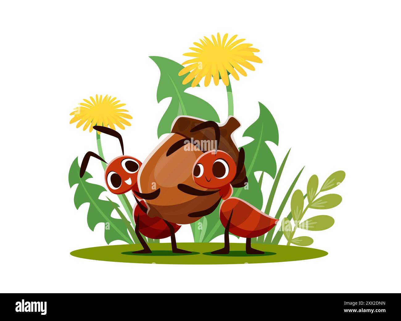 Ant Characters Carry An Acorn Two Cartoon Ant Workers Carrying Acorn Together Showing Teamwork