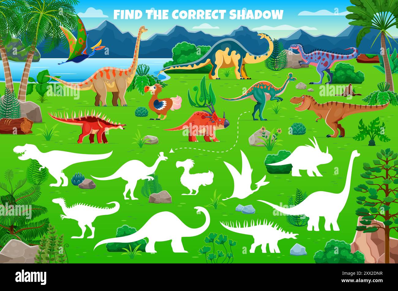 Kids game worksheet, find the correct shadow of prehistoric dinosaur ...