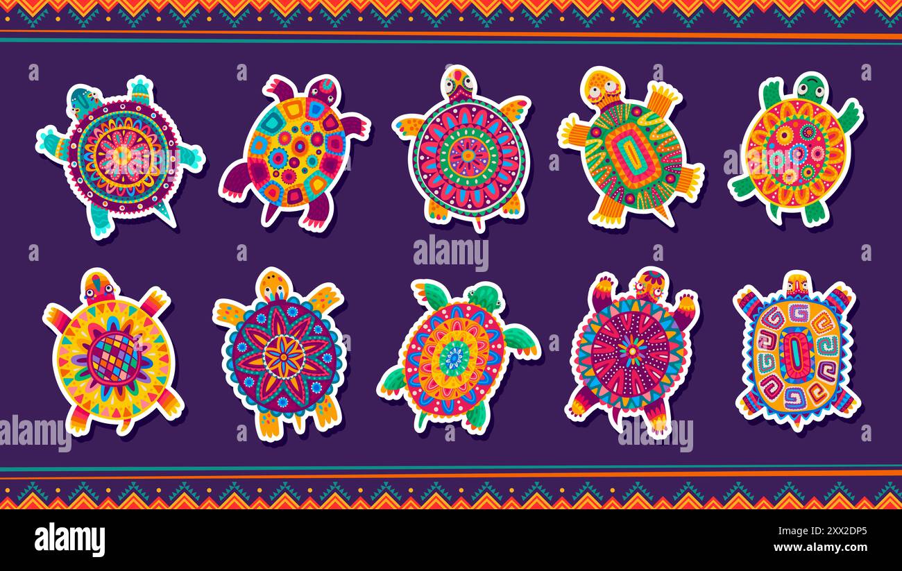 Mexican turtle stickers. Vector set of bright Mayan and Aztec tortoise ...