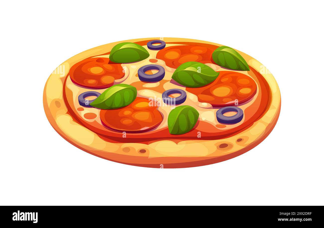 Cartoon fast food pizza topped with pepperoni, black olives, and fresh ...