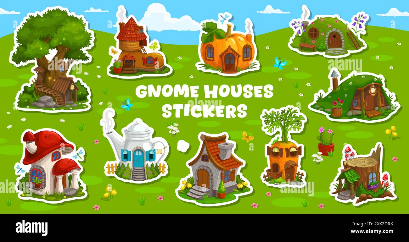 Cartoon fairytale gnome and elf house buildings stickers. Vector set of ...