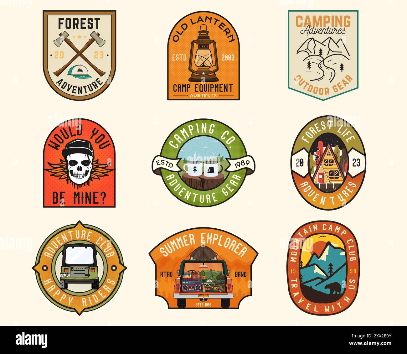 Camping Adventures badges set designs with mountains, camper car ...