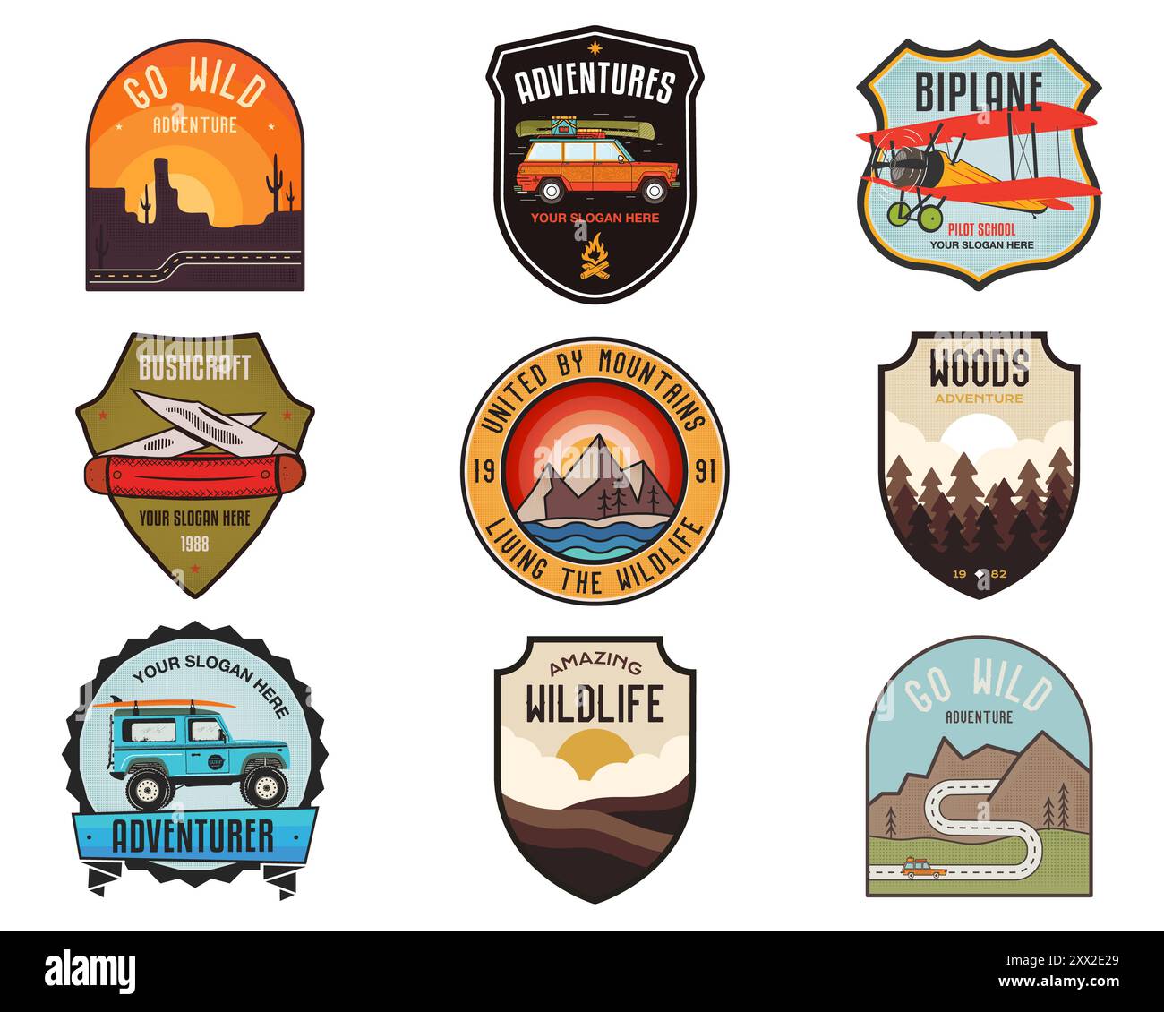 Set of vintage camping badges featuring various wilderness-themed ...