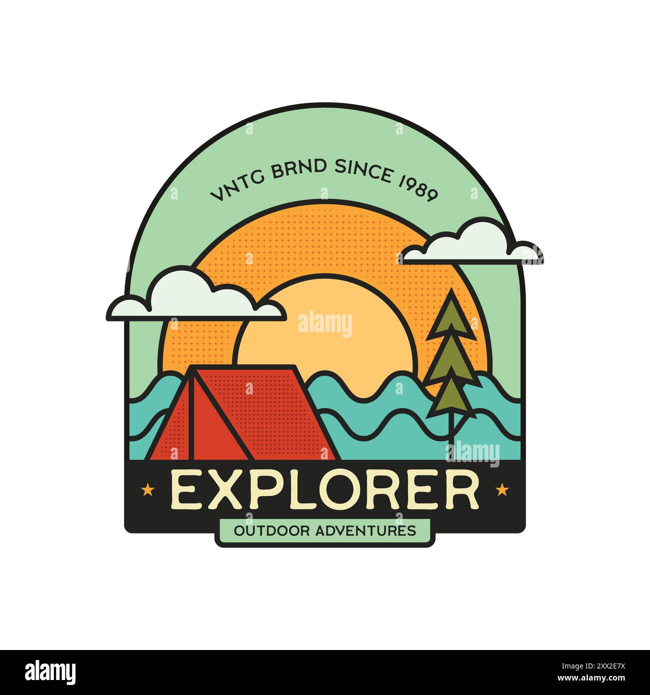 Retro camping badge featuring wilderness-themed design including ...