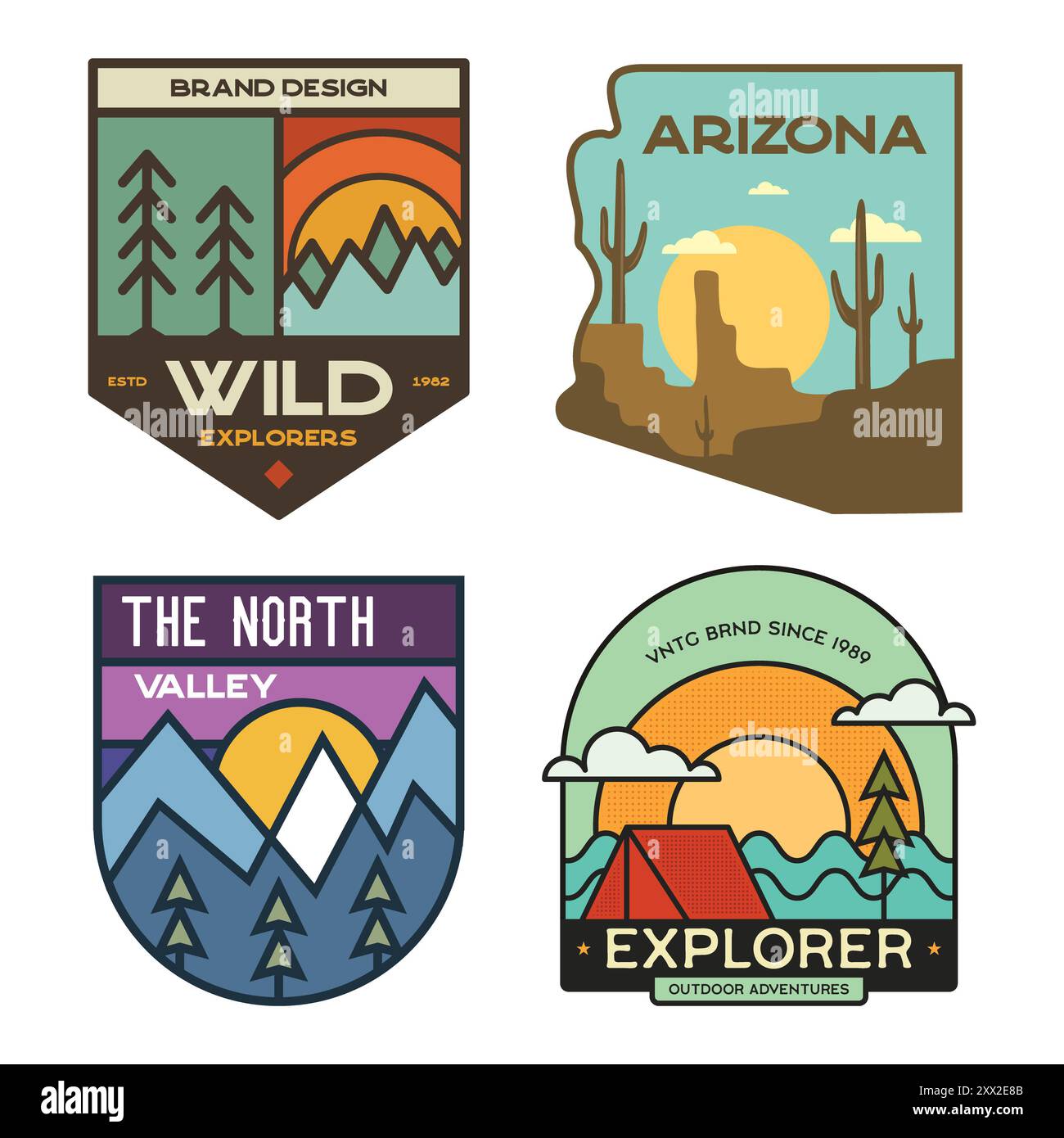 Set of retro camping badges featuring various wilderness-themed designs ...