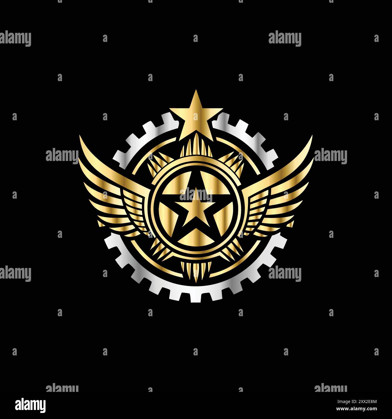 Gear and star with wings vector logo design template. Golden gear and ...