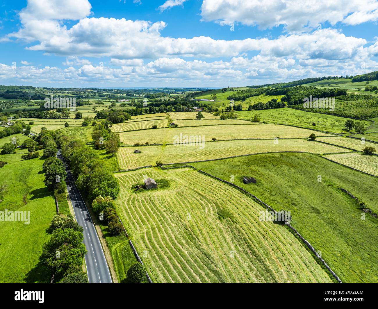 Farms and Fields over Bainbridge Village from a drone, Leyburn, North ...