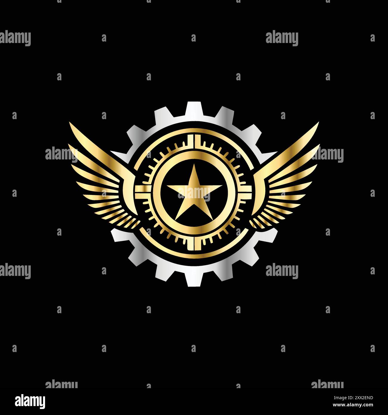 Gear and star with wings vector logo design template. Golden gear and ...