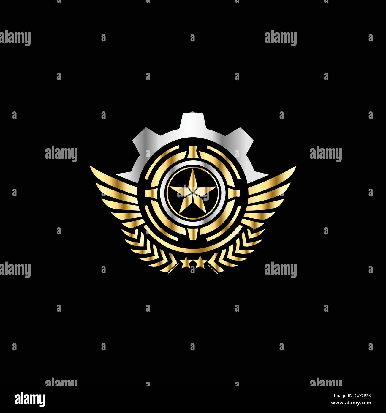 Gear and star with wings vector logo design template. Golden gear and ...