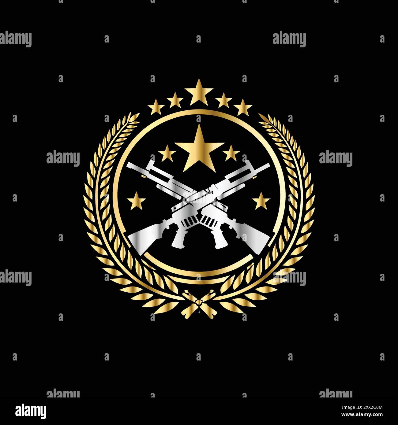 Crossed guns with golden laurel wreath vector logo template. Crossed ...