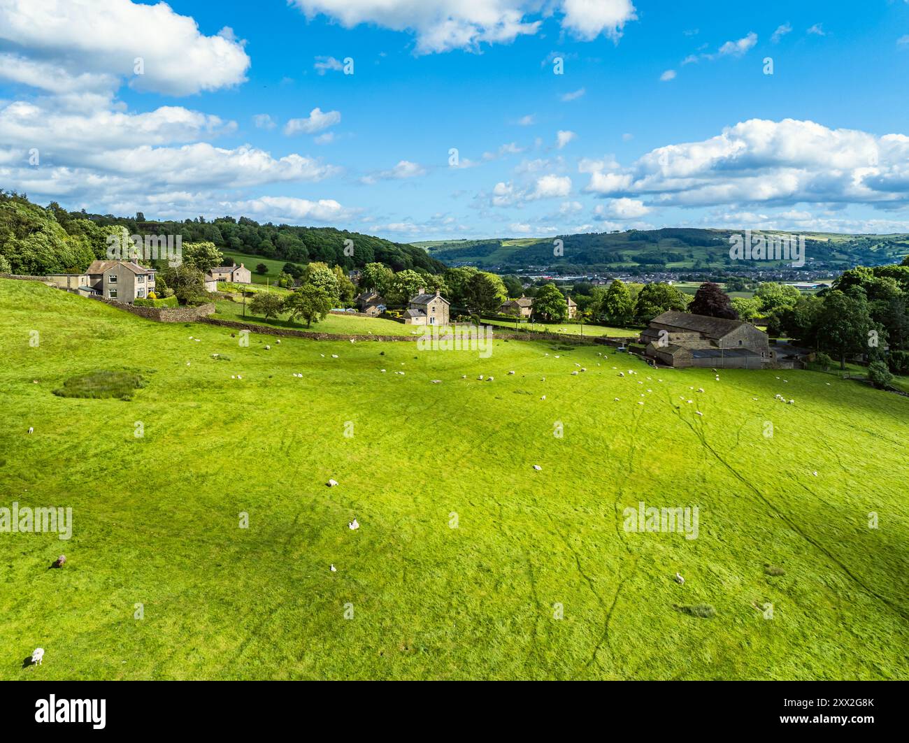Farms and Fields over Cononley and River Aire from a drone, Keighley ...