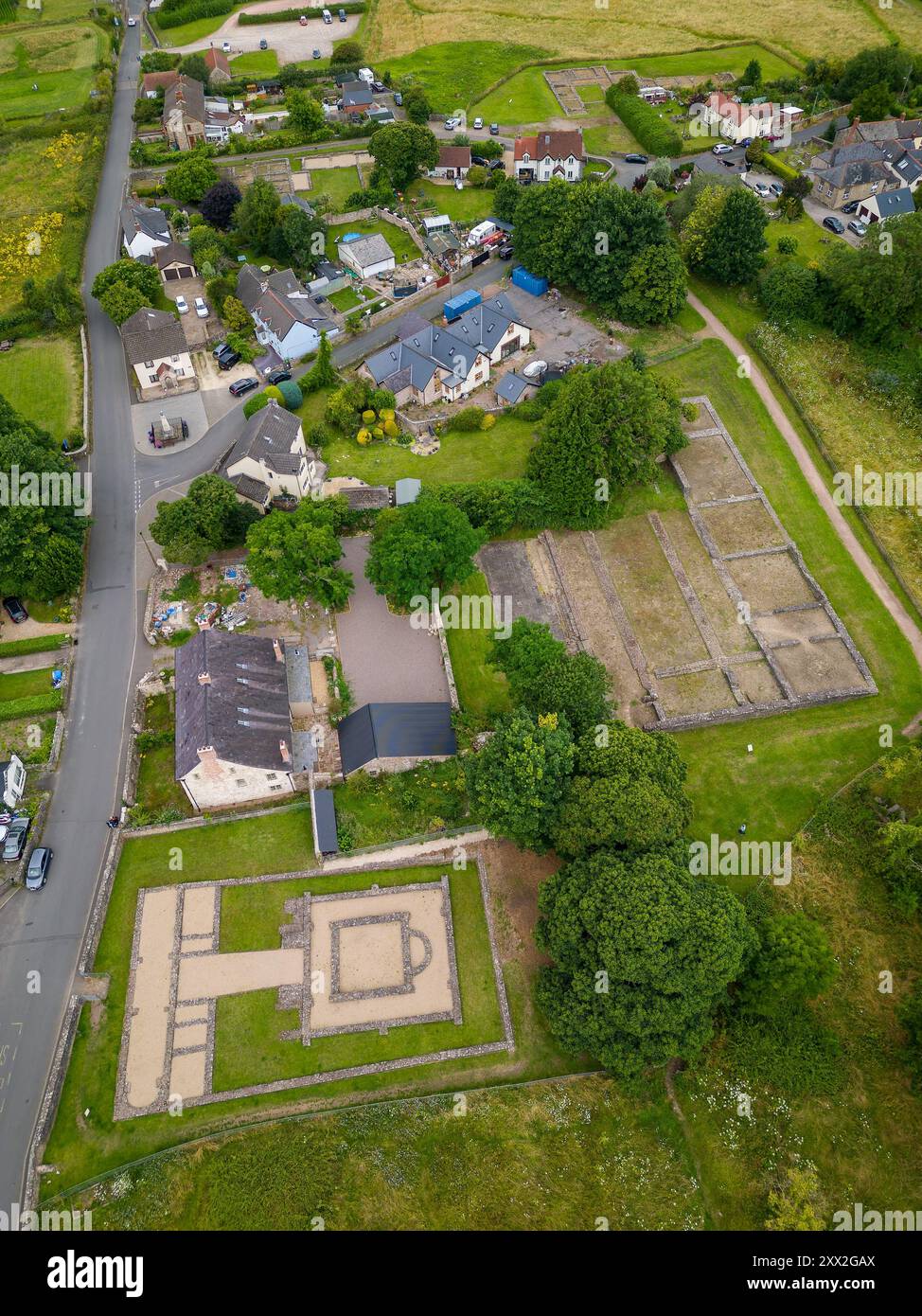 CAERWENT, WALES - AUGUST 02 2024: Aerial view of the ruins of a Roman ...