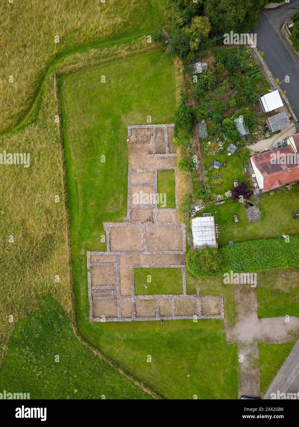 Aerial view of the ruins of an ancient Roman Courtyard House and Baths ...