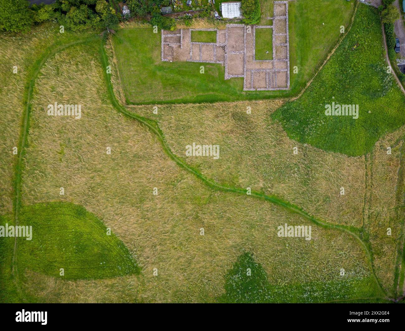 Top down aerial view of the ruins of a Roman Courtyard House and Baths ...
