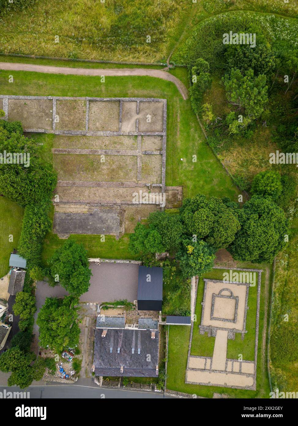 Top down aerial view of the ruins of a Roman Basilica and temple at ...